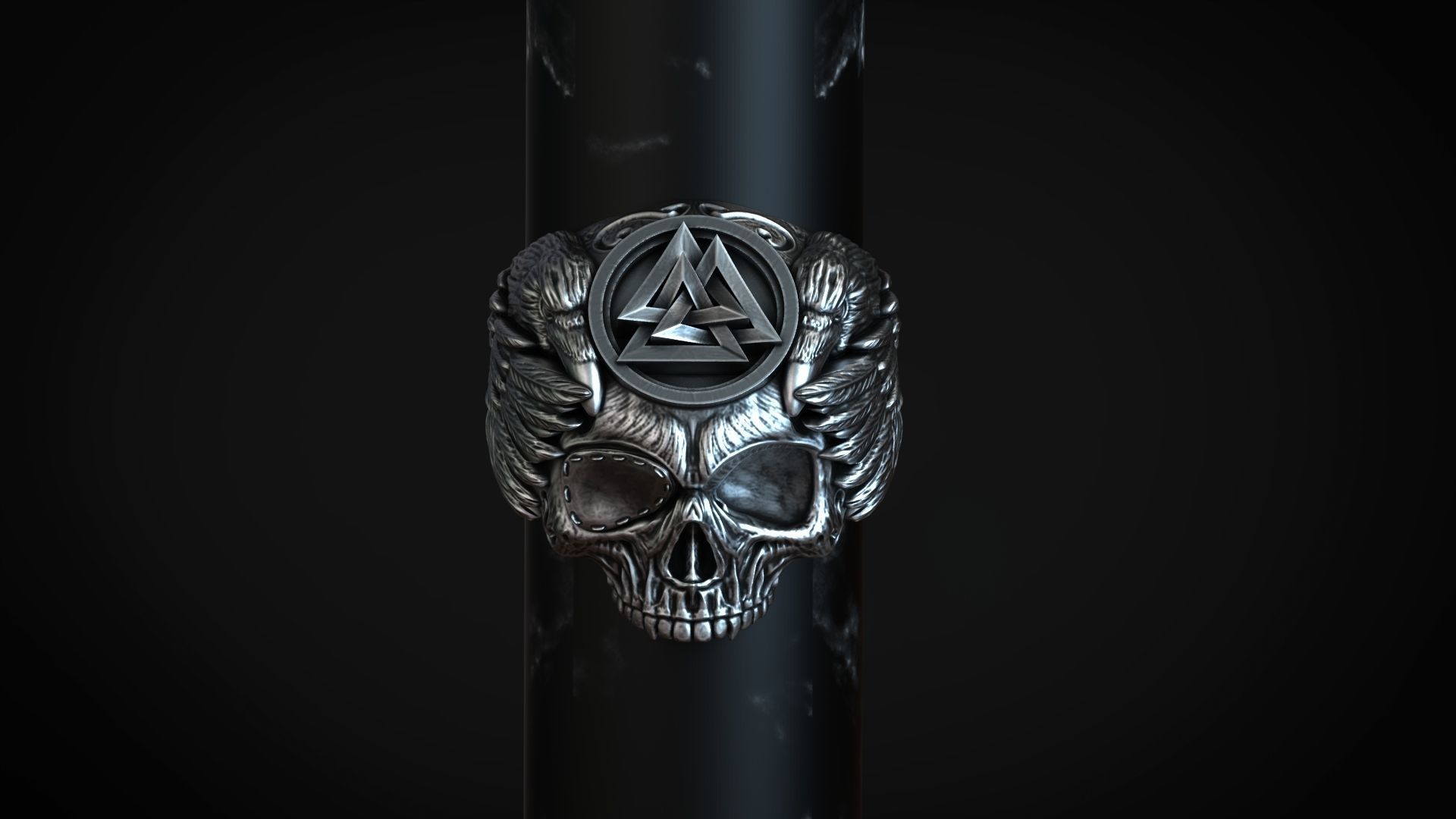 Ring skull Odin Viking with ravens and valknut for 3d printing 3D model ...