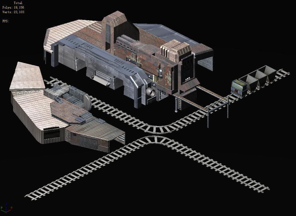 Mining-excavation-site train station with tracks and buildings 3D model ...